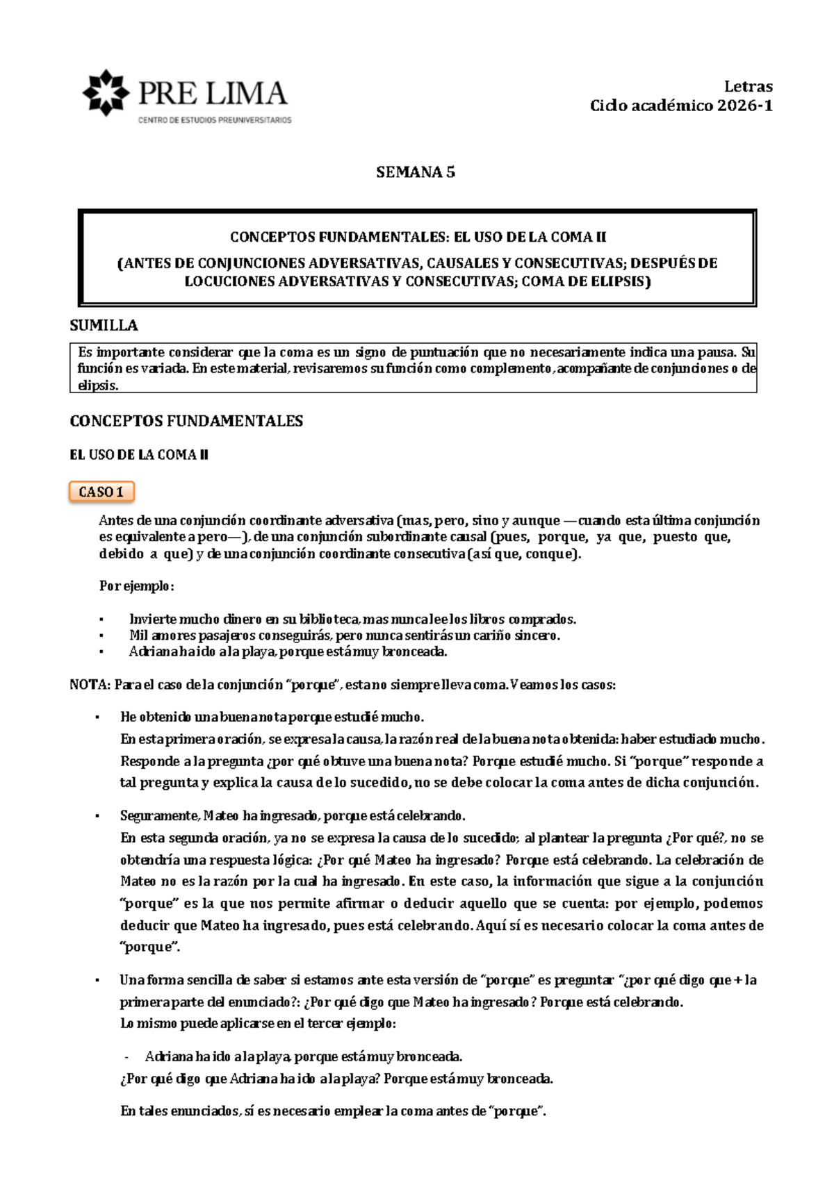 Letras Ciclo académico SEMANA 5: Uso de la Coma II - Material Teórico ...