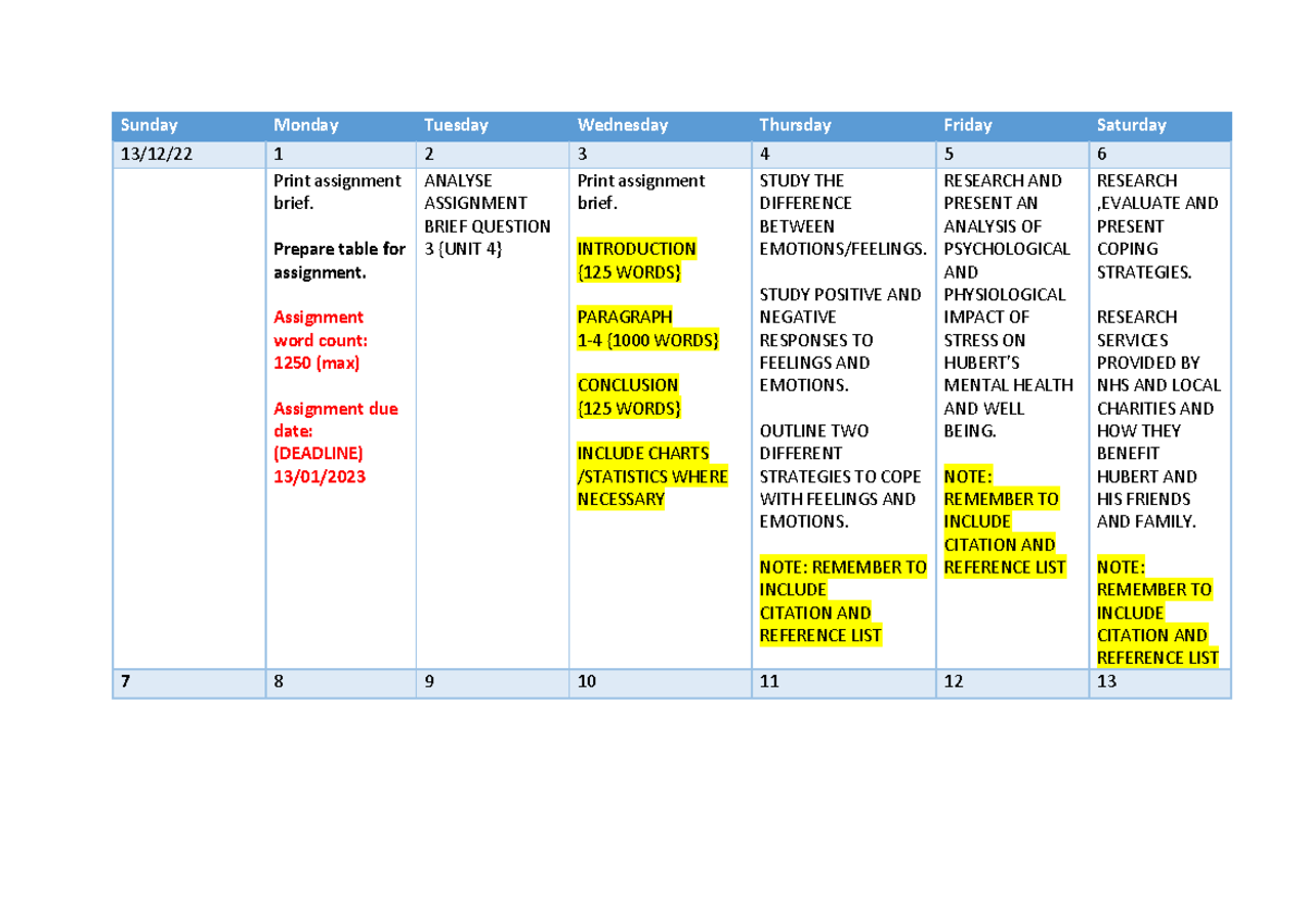 Assignment Timetable Approach - Sunday Monday Tuesday Wednesday ...