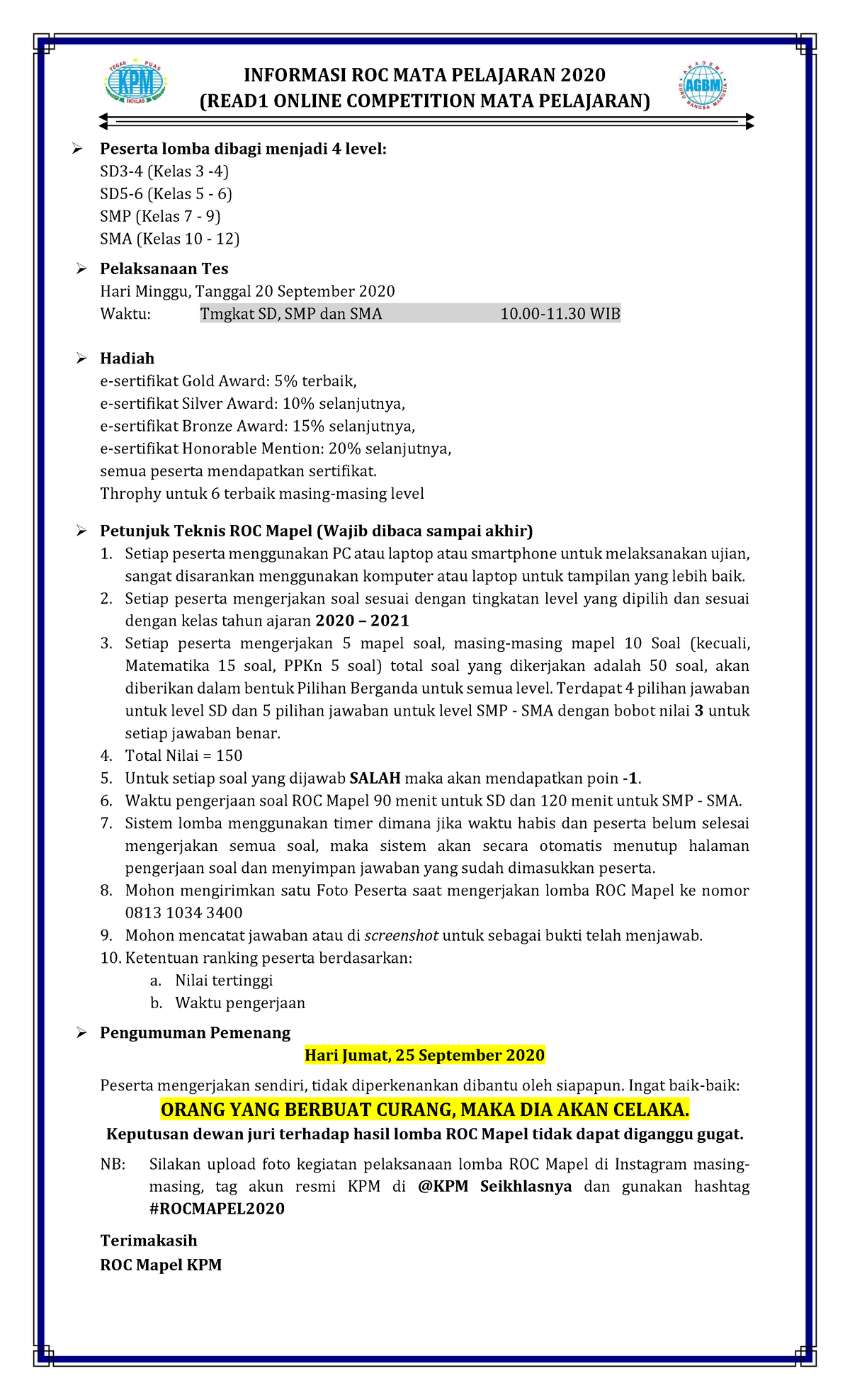 ROC Mapel 2020: Info Lomba dan Kisi-Kisi Ujian untuk SD, SMP, SMA - Studocu