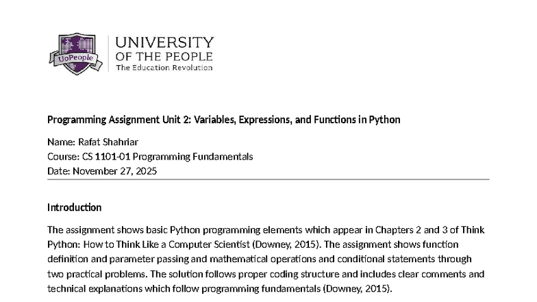 CS Programming Fundamentals: Assignment 2 - Python Variables & Functions - Studocu