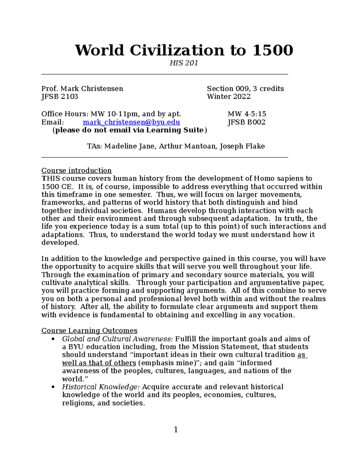 HIS 201 Syllabus: World Civilization to 1500 - Winter 2022 - Studocu