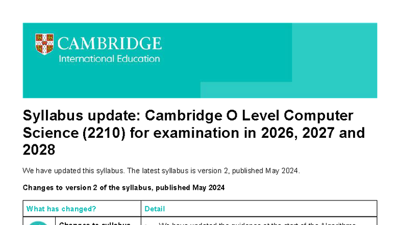 Cambridge O Level Computer Science (2210) Syllabus Update 2024 - Studocu