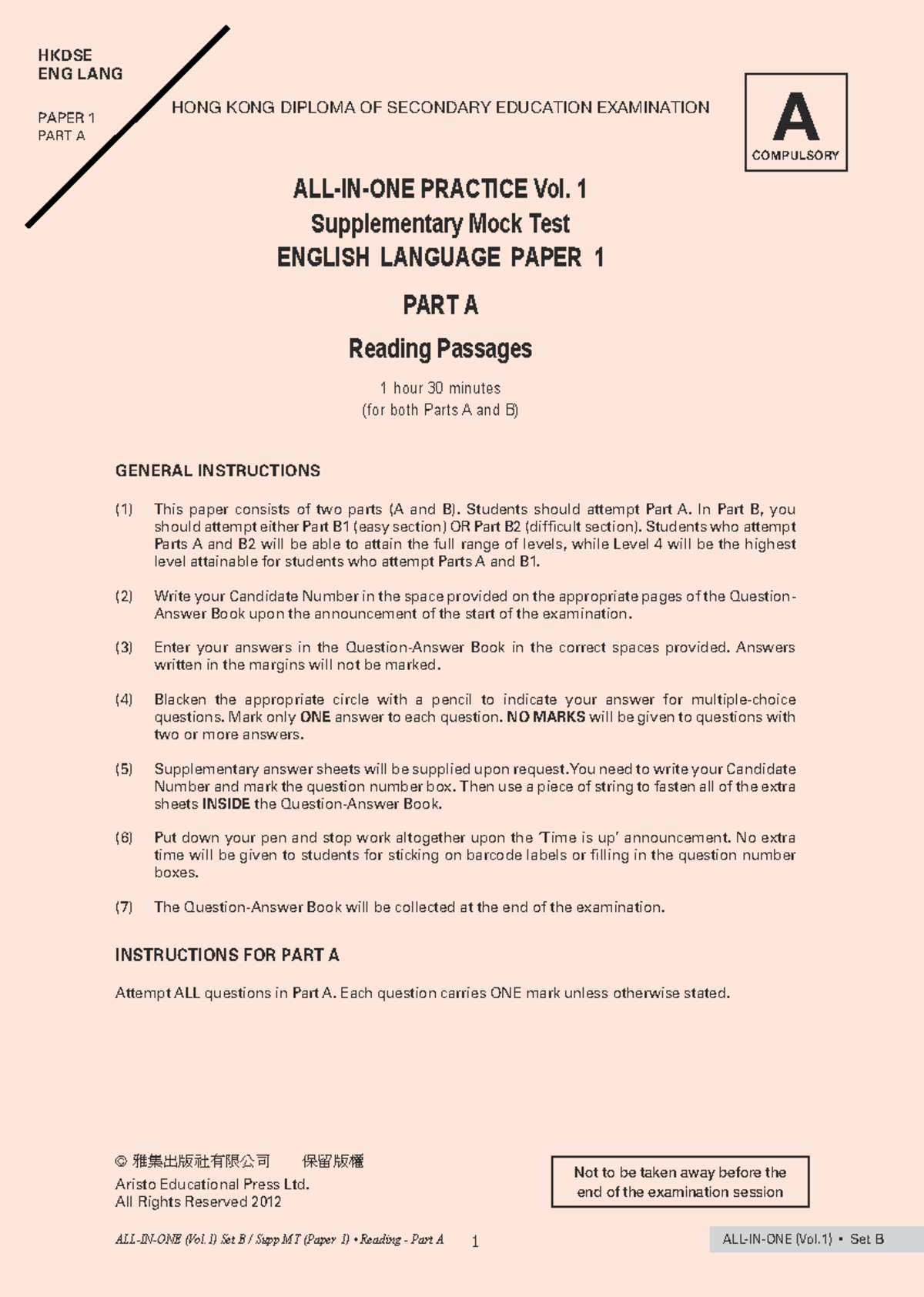 HKDSE ENG LANG PAPER 1 SUPPLEMENTARY MOCK TEST Vol. 1 Reading Passages ...