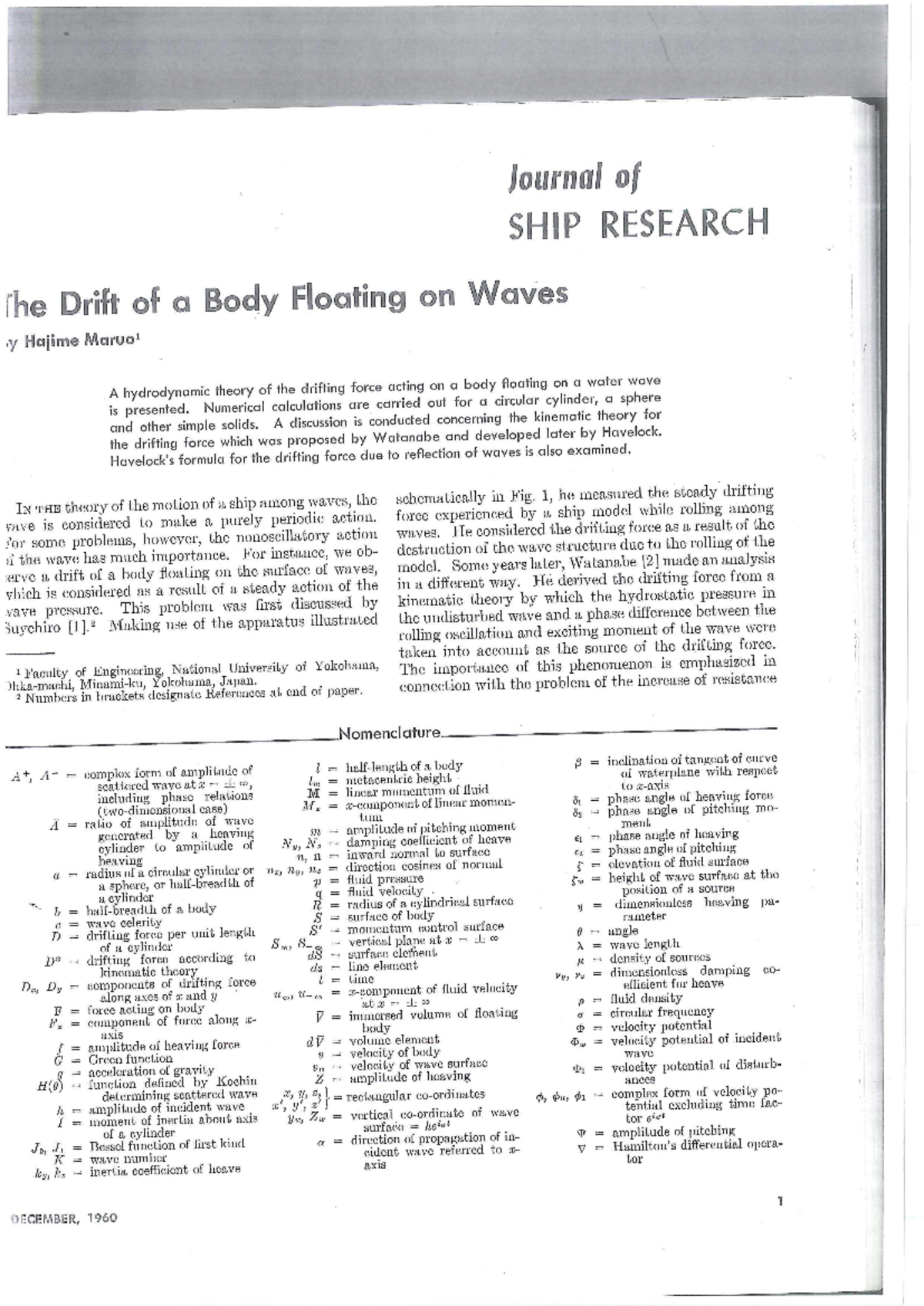 "1960-Research on Drifting Forces Acting on Floating Bodies in Waves ...