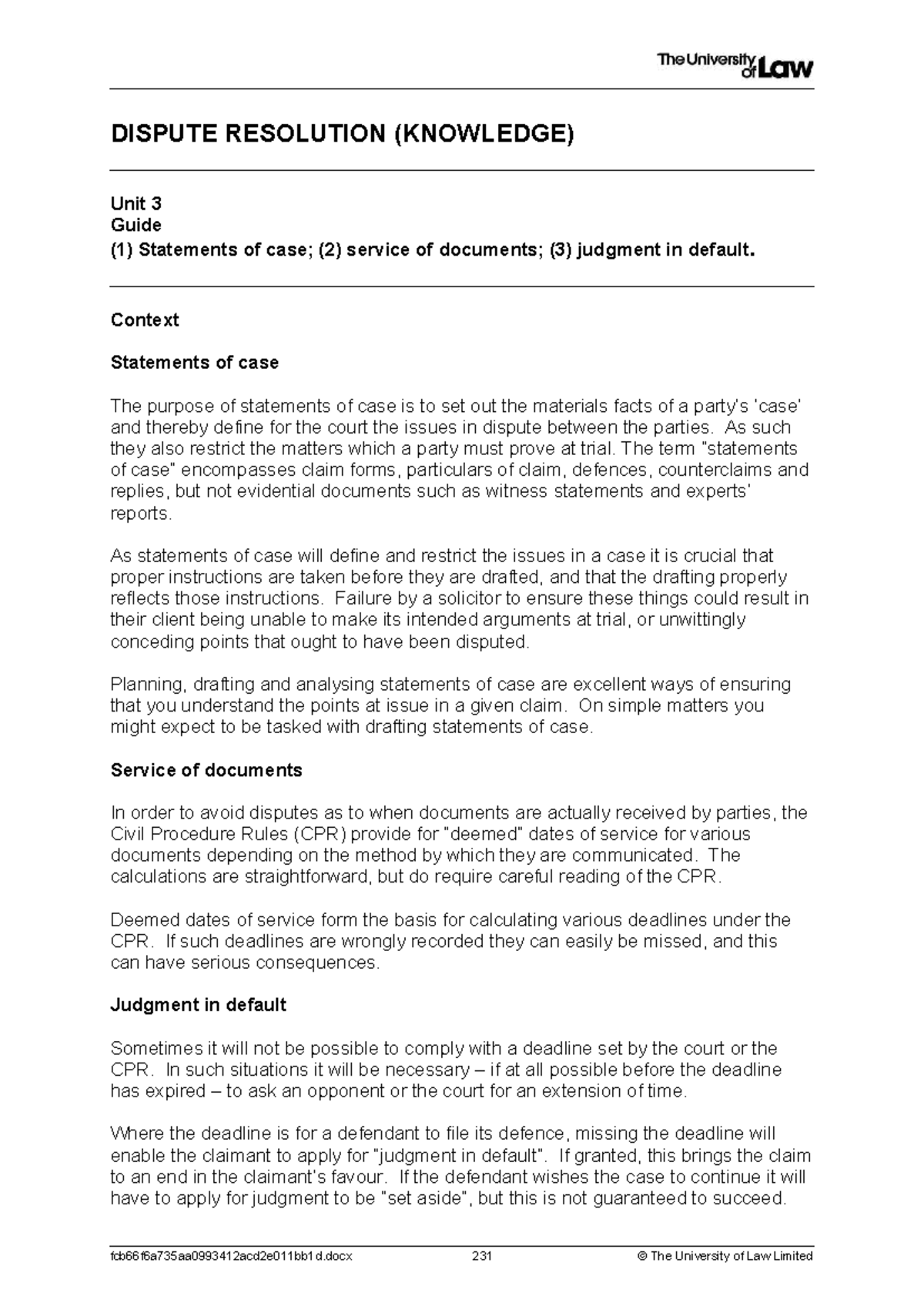 DISPUTE RESOLUTION (KNOWLEDGE) Unit 3: Statements of Service & Judgment ...