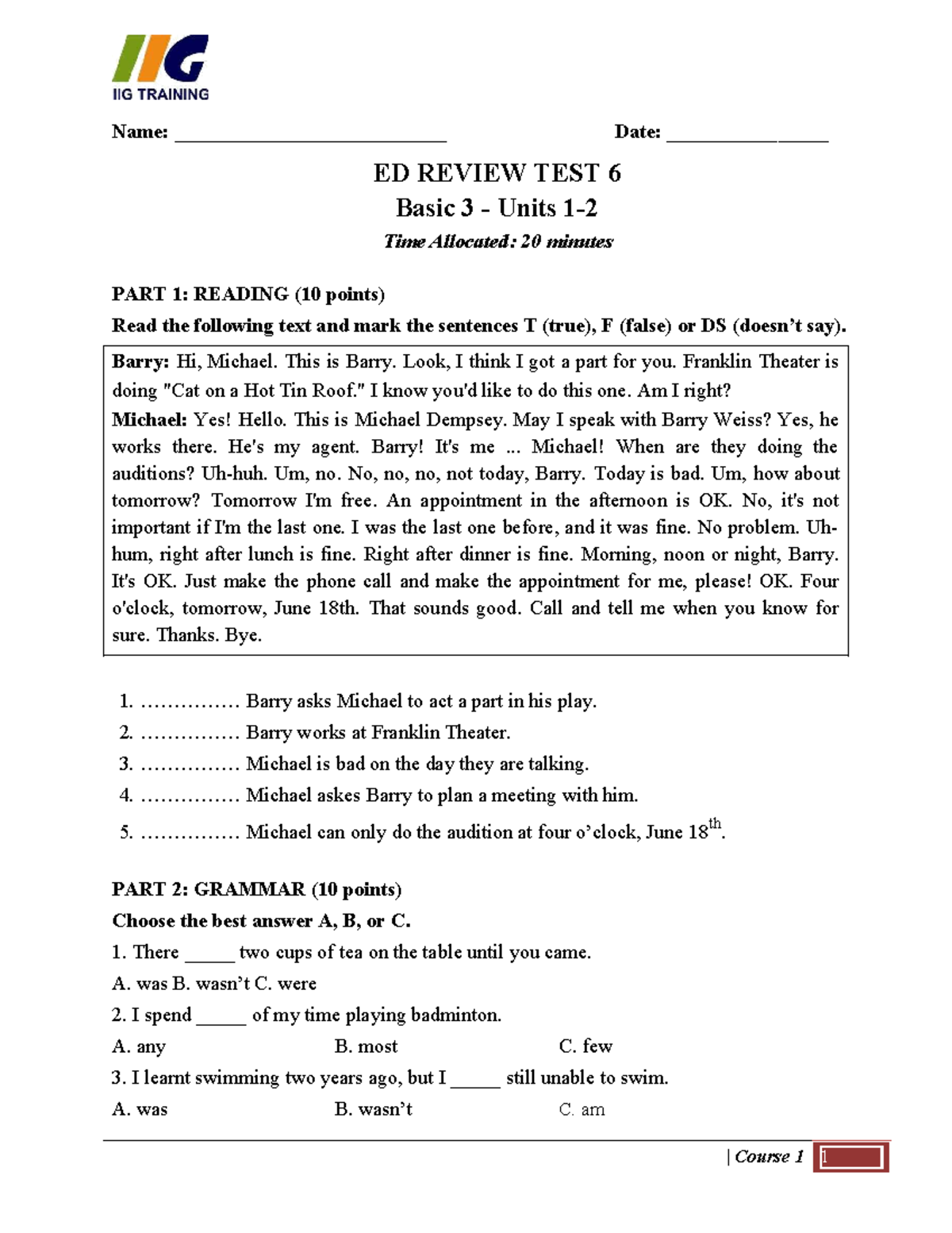 ED REVIEW TEST 6 - Basic 3 Units: Reading & Grammar Practice - Studocu