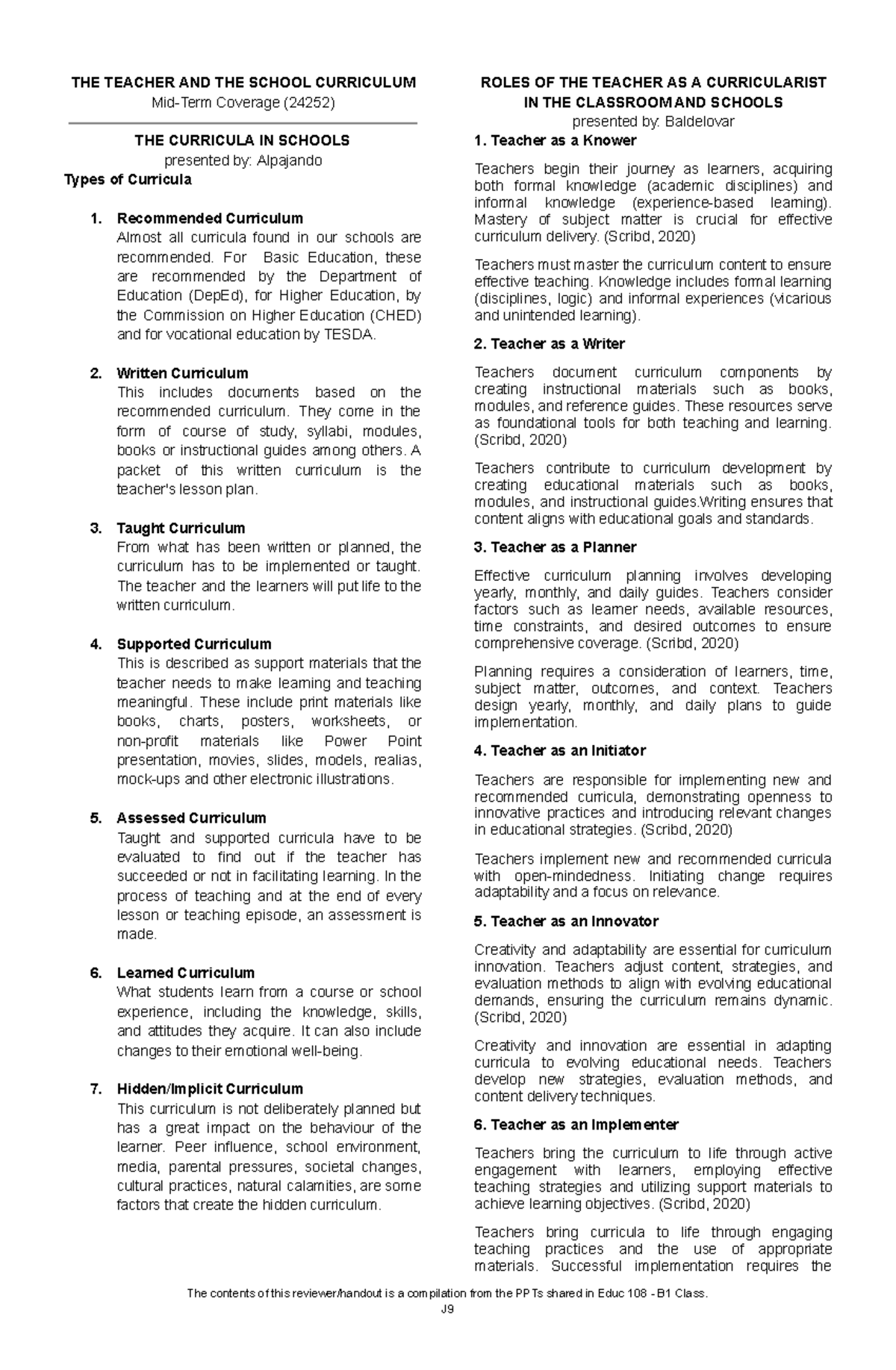 EDUC-108-2 - Mid-Term Review on The Teacher and School Curriculum - Studocu