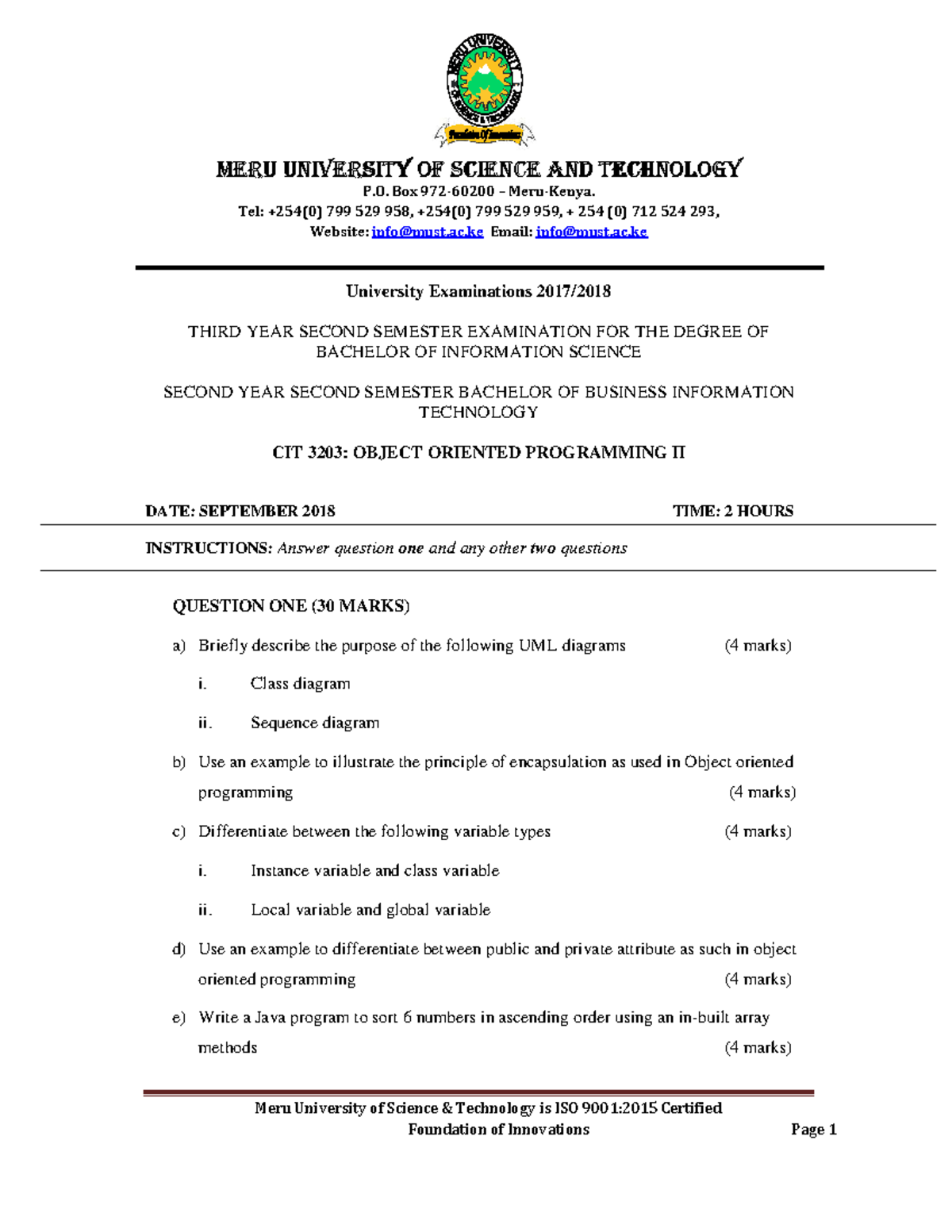 CIT 3203: Object Oriented Programming II Exam Questions and Solutions - Studocu
