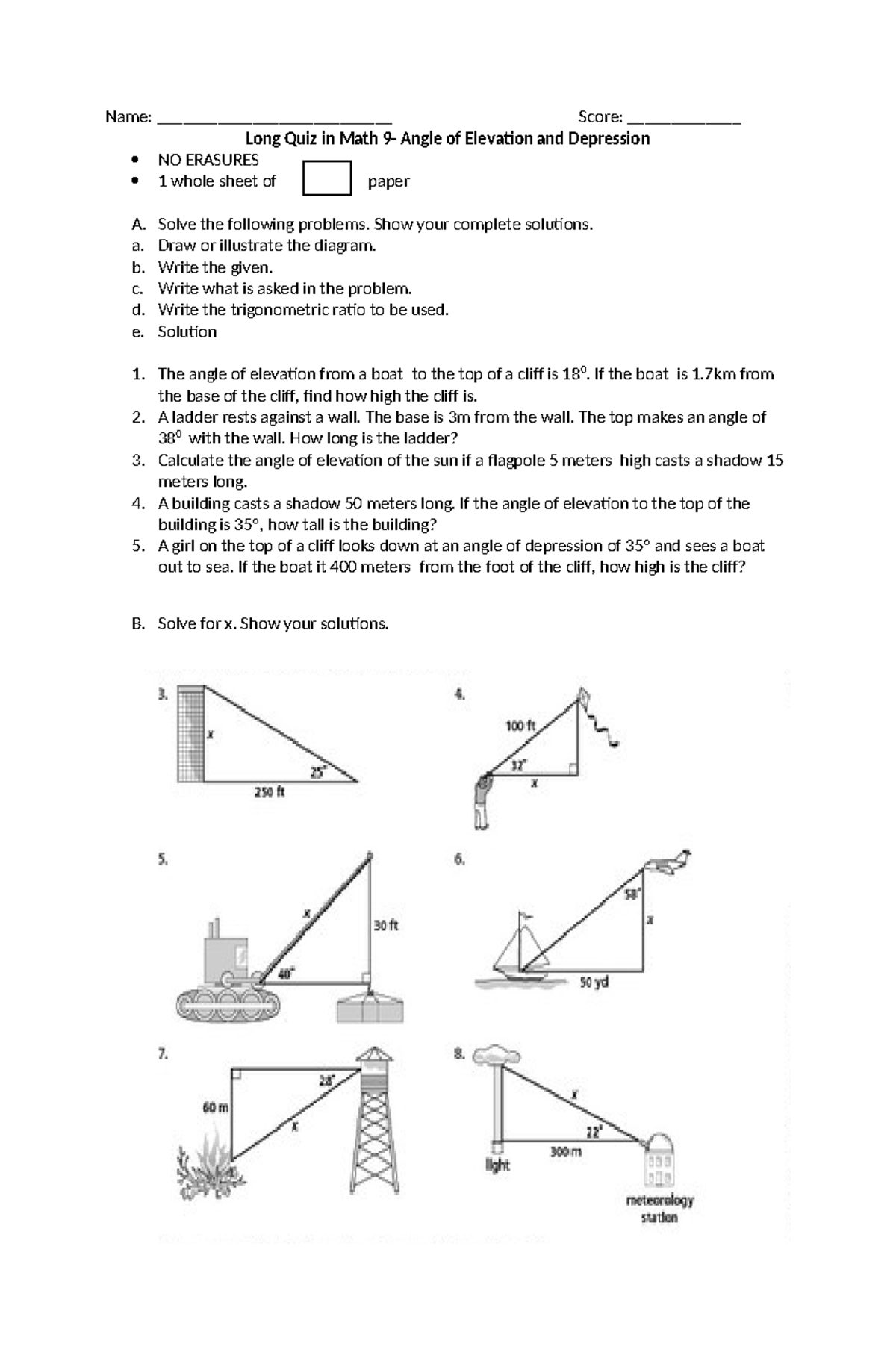 Math 9 Long Quiz: Angle of Elevation & Depression Solutions - Studocu