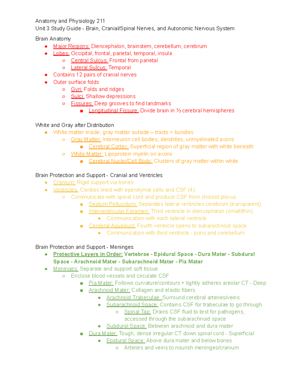 Anatomy and Physiology 211: Unit 3 Study Guide - Nervous System ...
