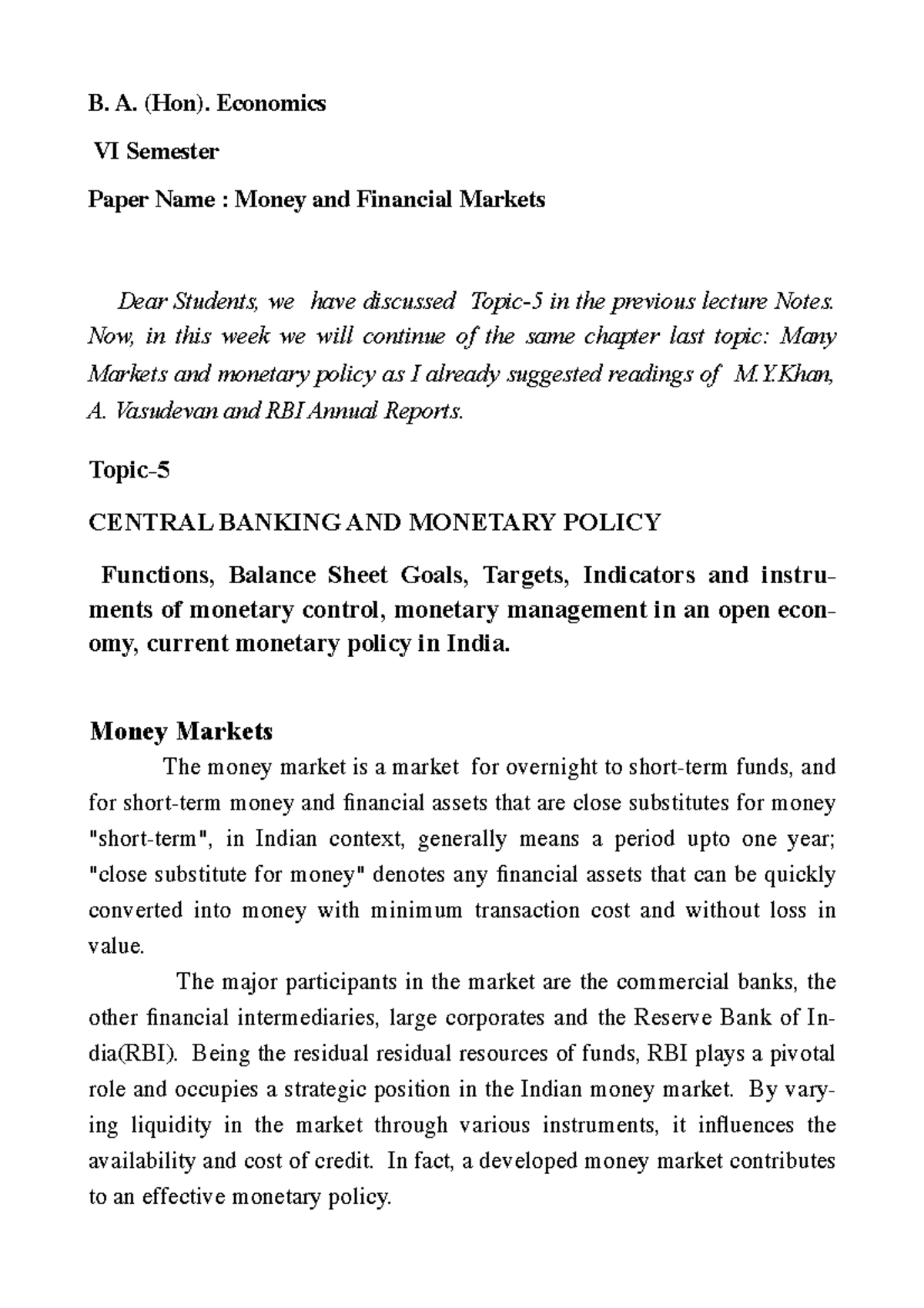 6th Week Lecture Notes: B.A. (Hon) Economics VI Sem - Money & Financial ...