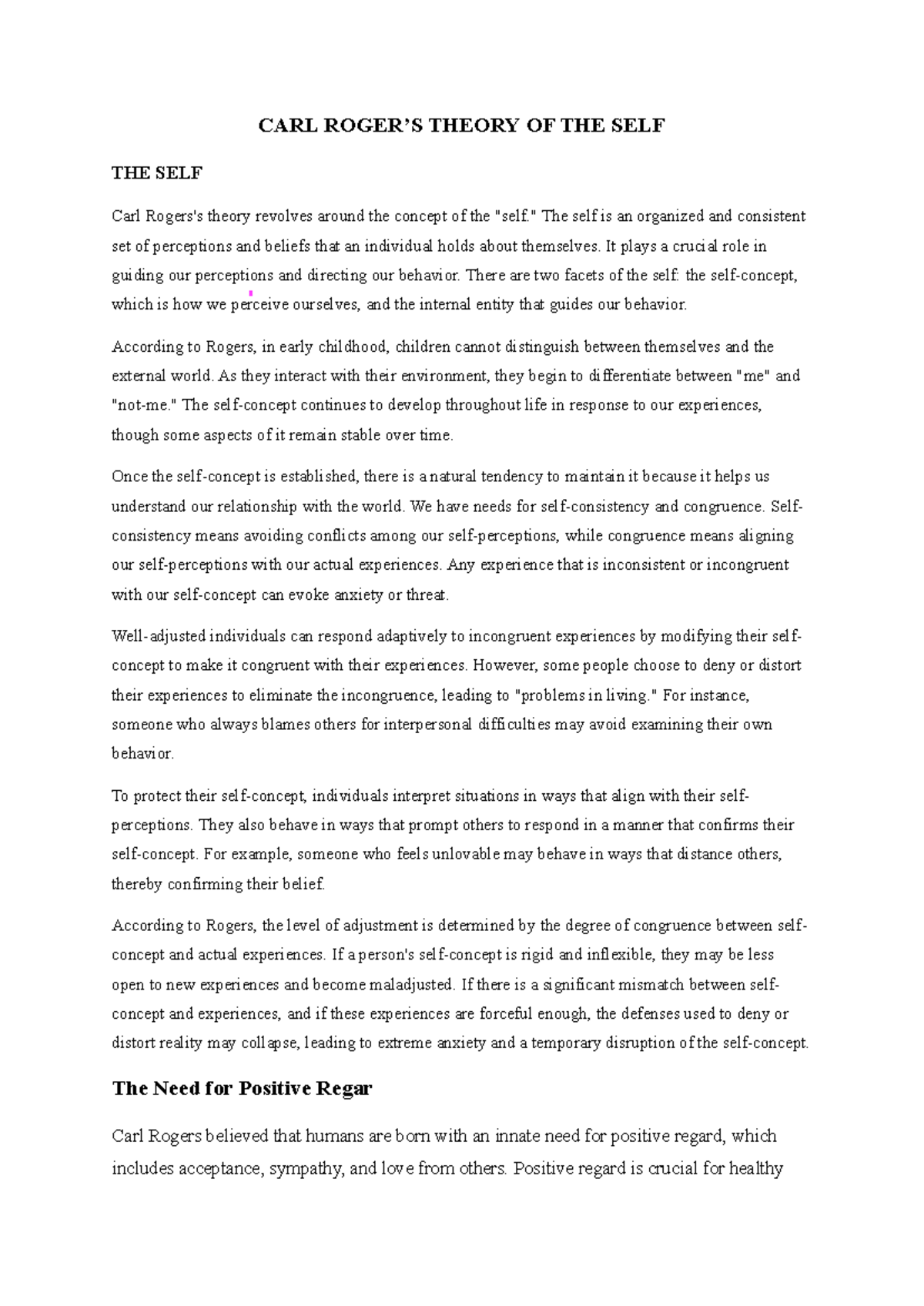 CARL Roger Theory ON SELF - CARL ROGER’S THEORY OF THE SELF THE SELF ...
