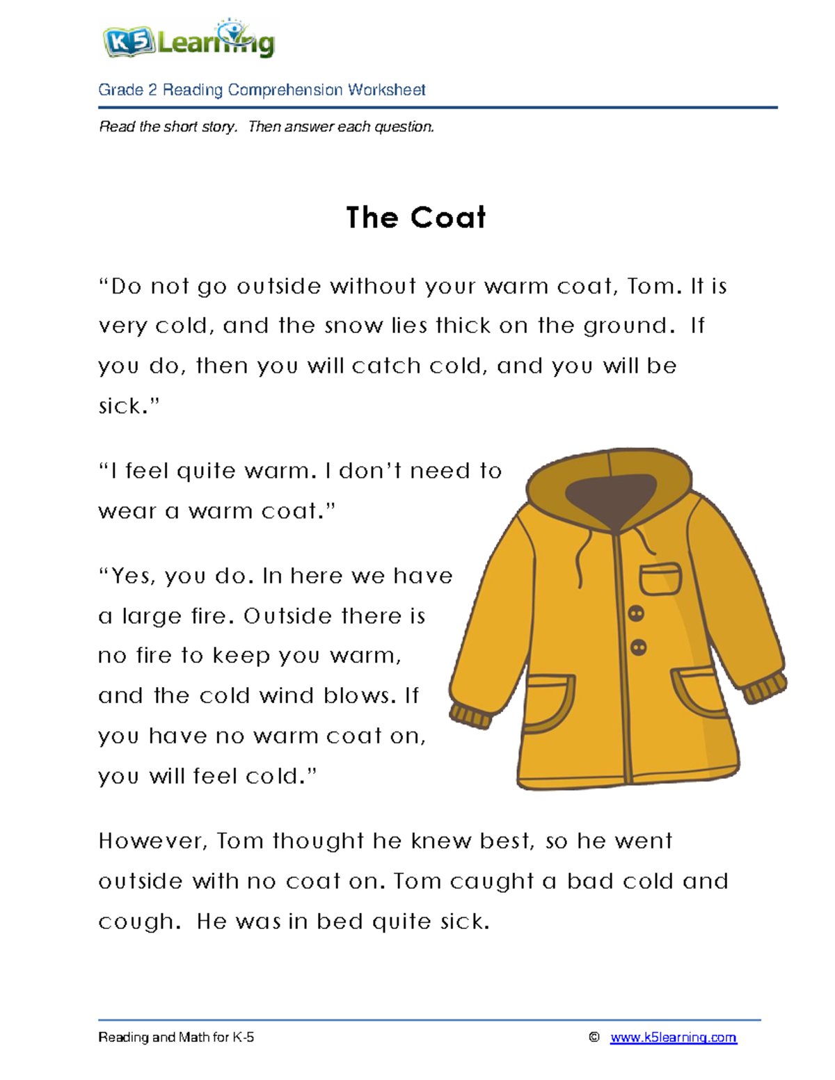 Grade 2 Reading Comprehension: The Coat Worksheet - Studocu