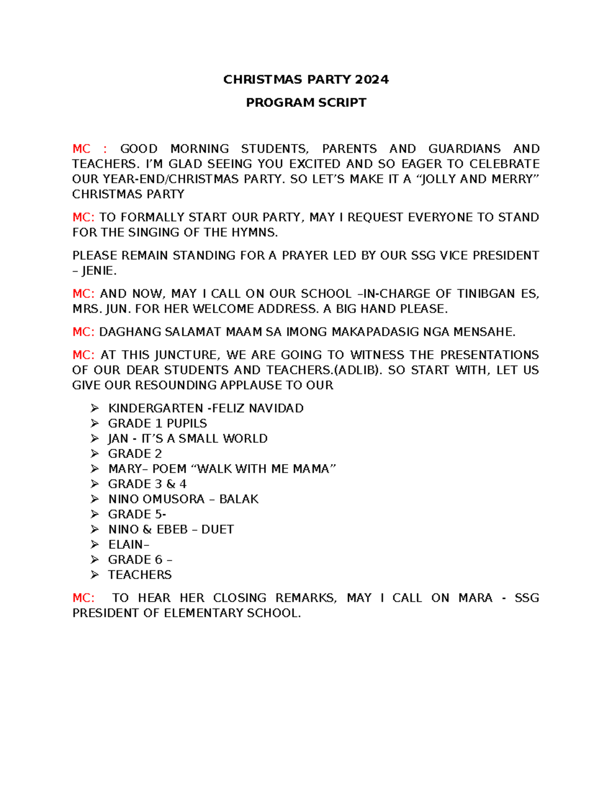 Christmas Program 2024 Script - CHRISTMAS PARTY 2024 PROGRAM SCRIPT MC ...