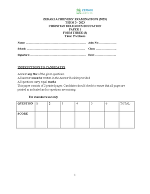 Mathematics - Maths Form 1 - Question Paper - ZERAKI ACHIEVERS EXAMS ...