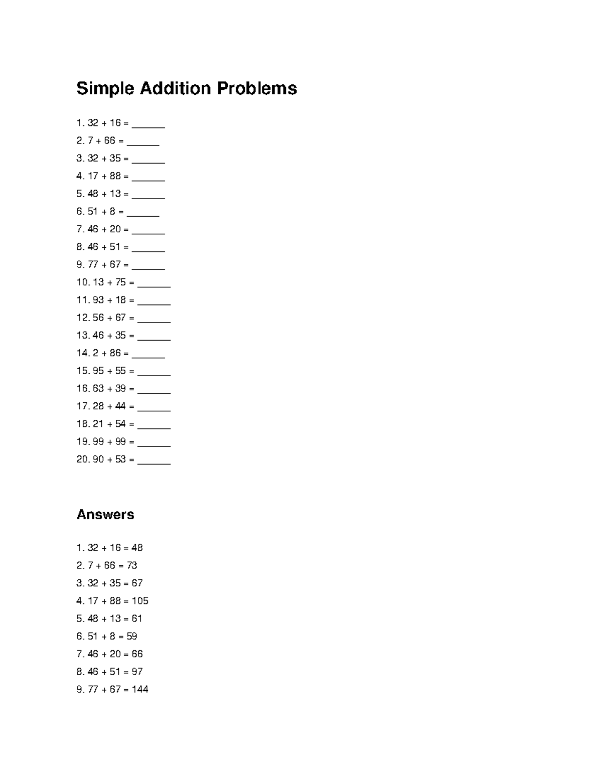 Addition Problems Set 1: Simple Addition Exercises - Studocu
