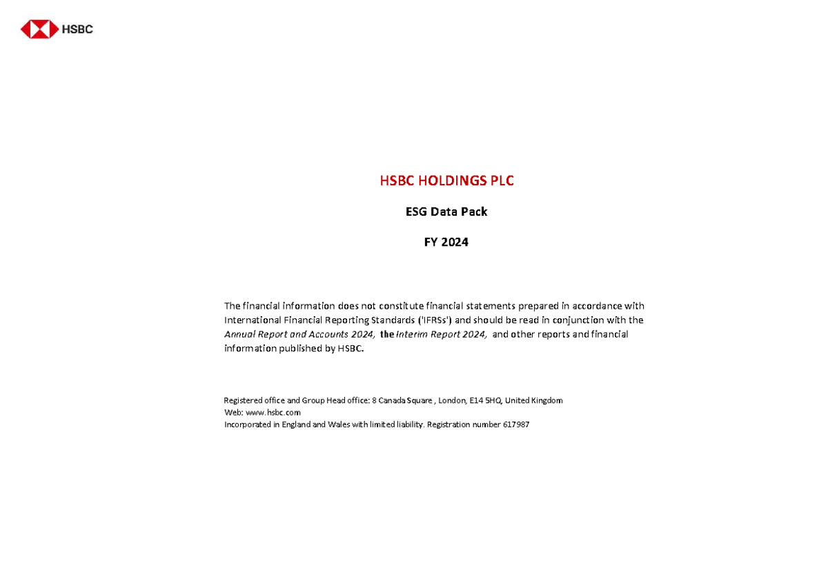 HSBC HOLDINGS PLC ESG Data Pack FY 2024 Overview and Insights - Studocu