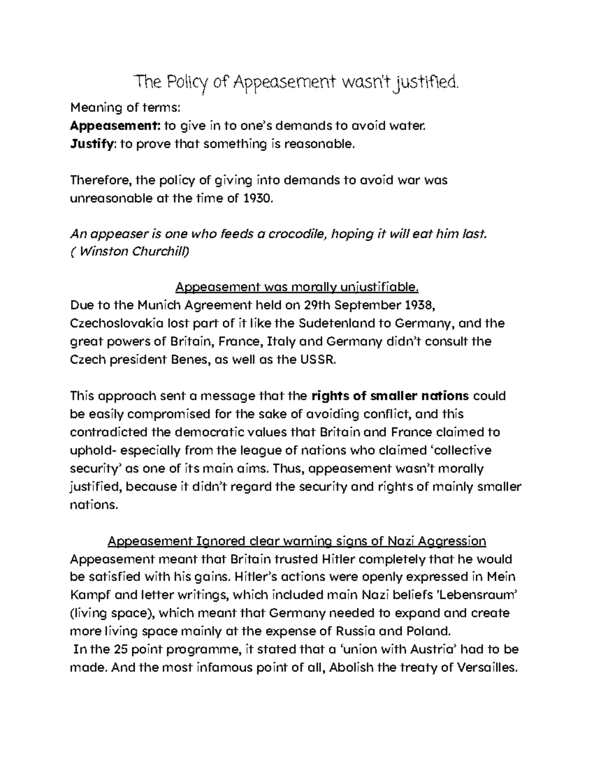 Final Exam Debate Points on the Policy of Appeasement in History - Studocu