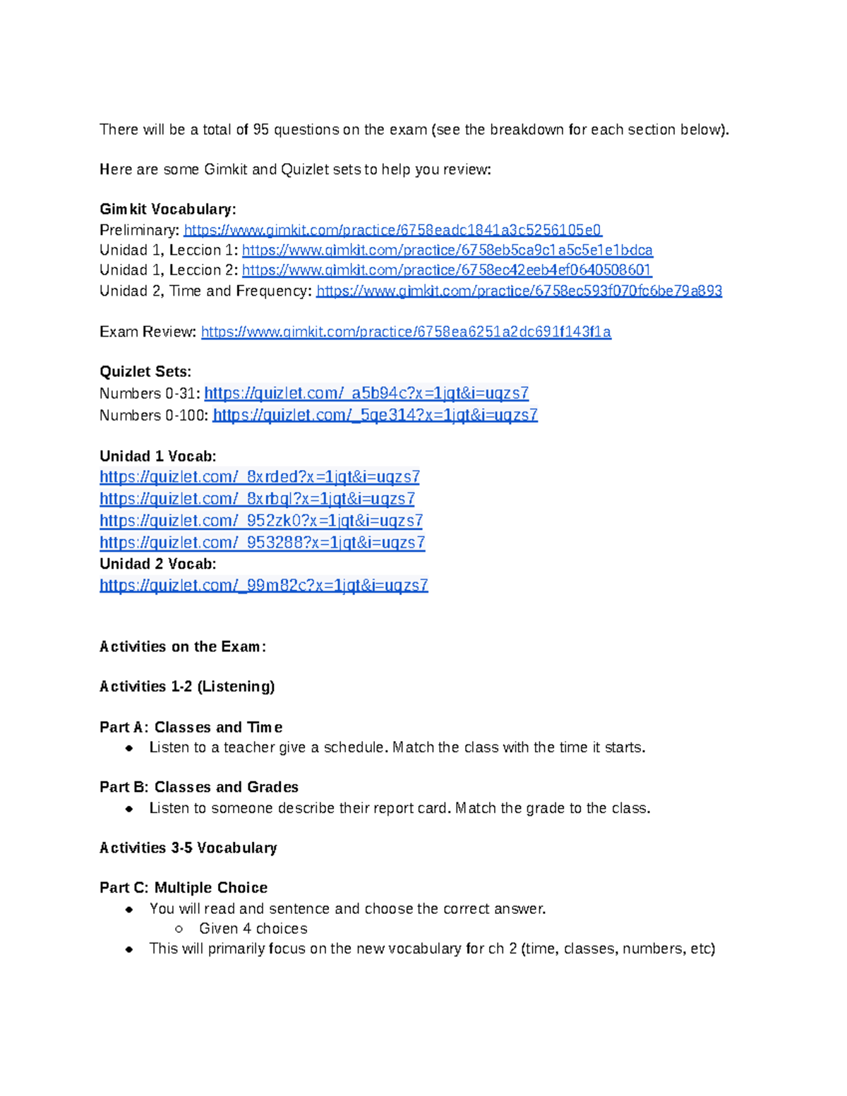 Spanish 1 Midterm Exam Study Guide 2024 - Google Docs - There will be a ...