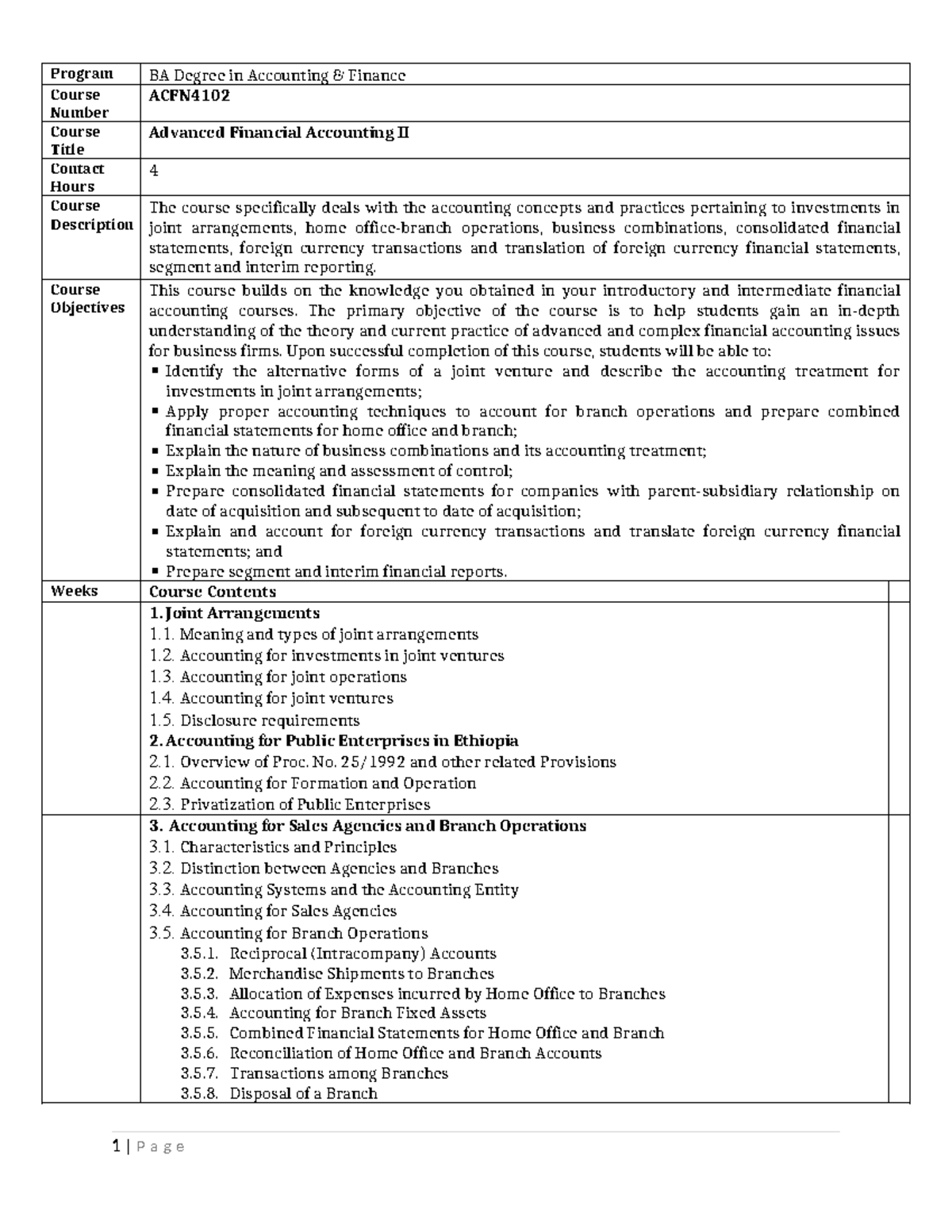 ACFN4102 Advanced Financial Accounting II Course Outline 2025 - Studocu