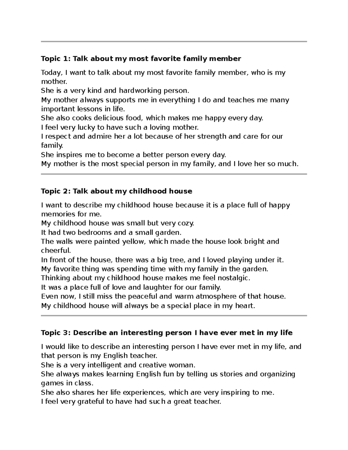 ENG101 Topic Speaking Notes: My Family & Childhood Memories - Studocu