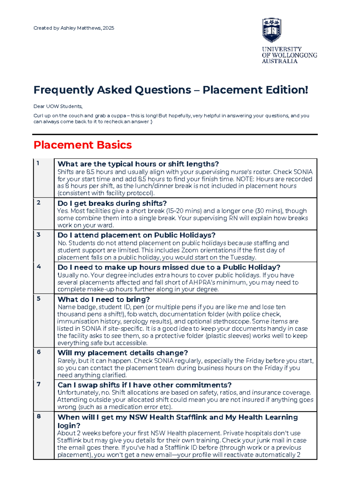 UOW 2025 Placement FAQ: Essential Info for Nursing Students - Studocu