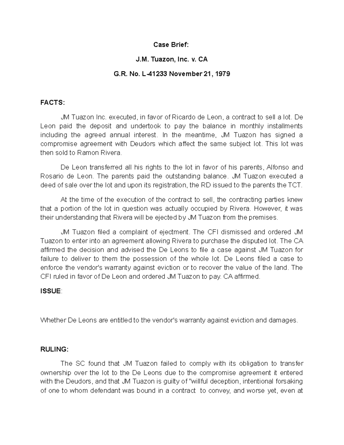 JM Tuazon v CA - Case Digest on Sales & Agency Law Issues - Studocu