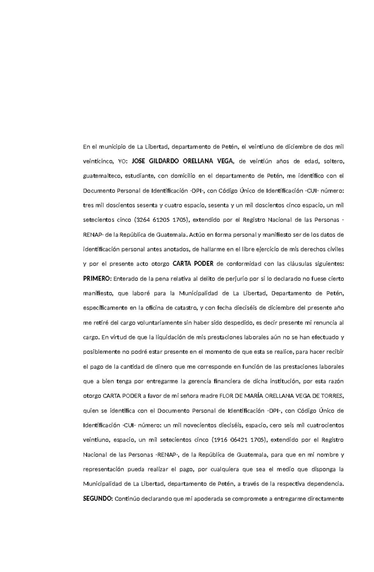 Carta Poder para Solicitar Liquidación en la Municipalidad de La ...