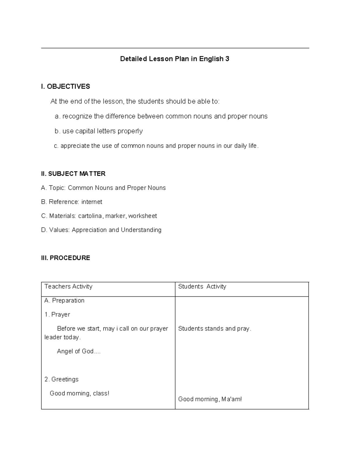 English 3 Detailed Lesson Plan: Common vs. Proper Nouns - Studocu