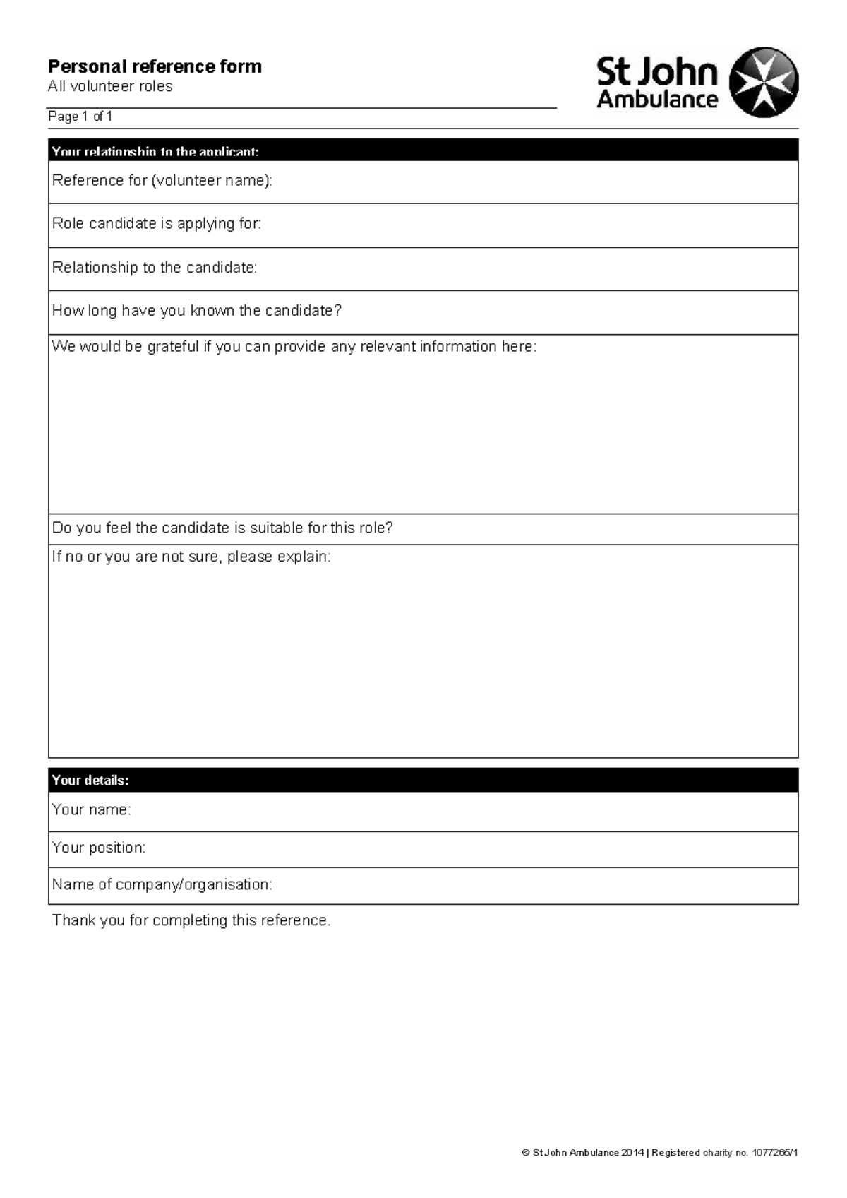 Volunteer Personal Reference Form - Personal reference form All ...