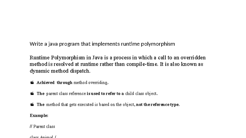 Java Program: Implementing Runtime Polymorphism in Java - Studocu