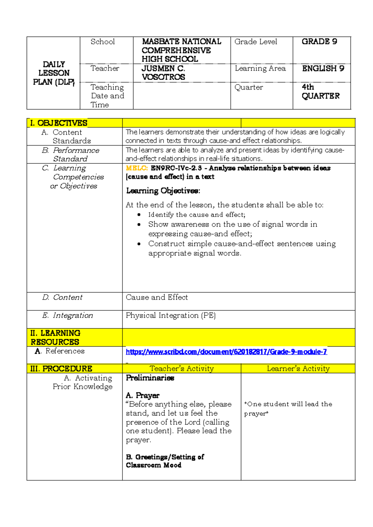 Grade 9 English 9 Daily Lesson Plan: Cause and Effect Analysis - Studocu