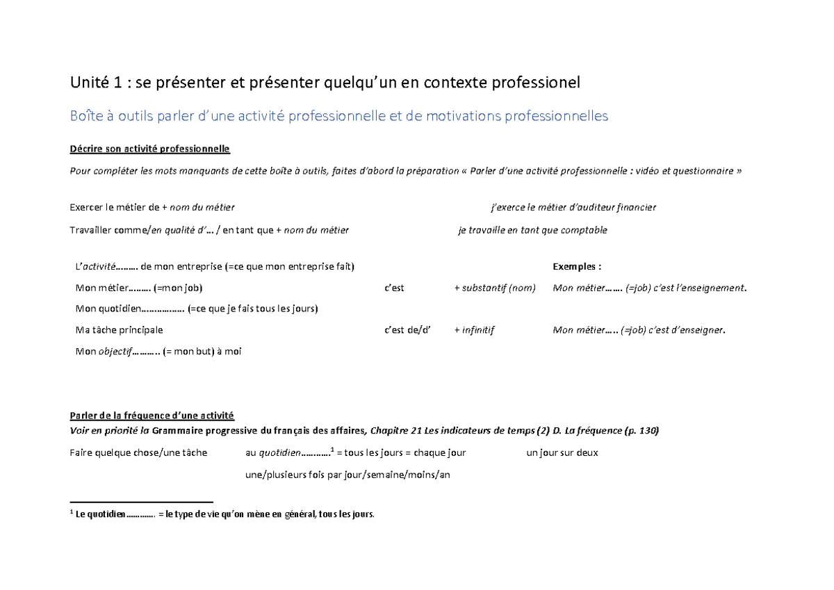 Frans leerstof 240406 Unité 1 à 3 - Présentation Professionnelle et ...
