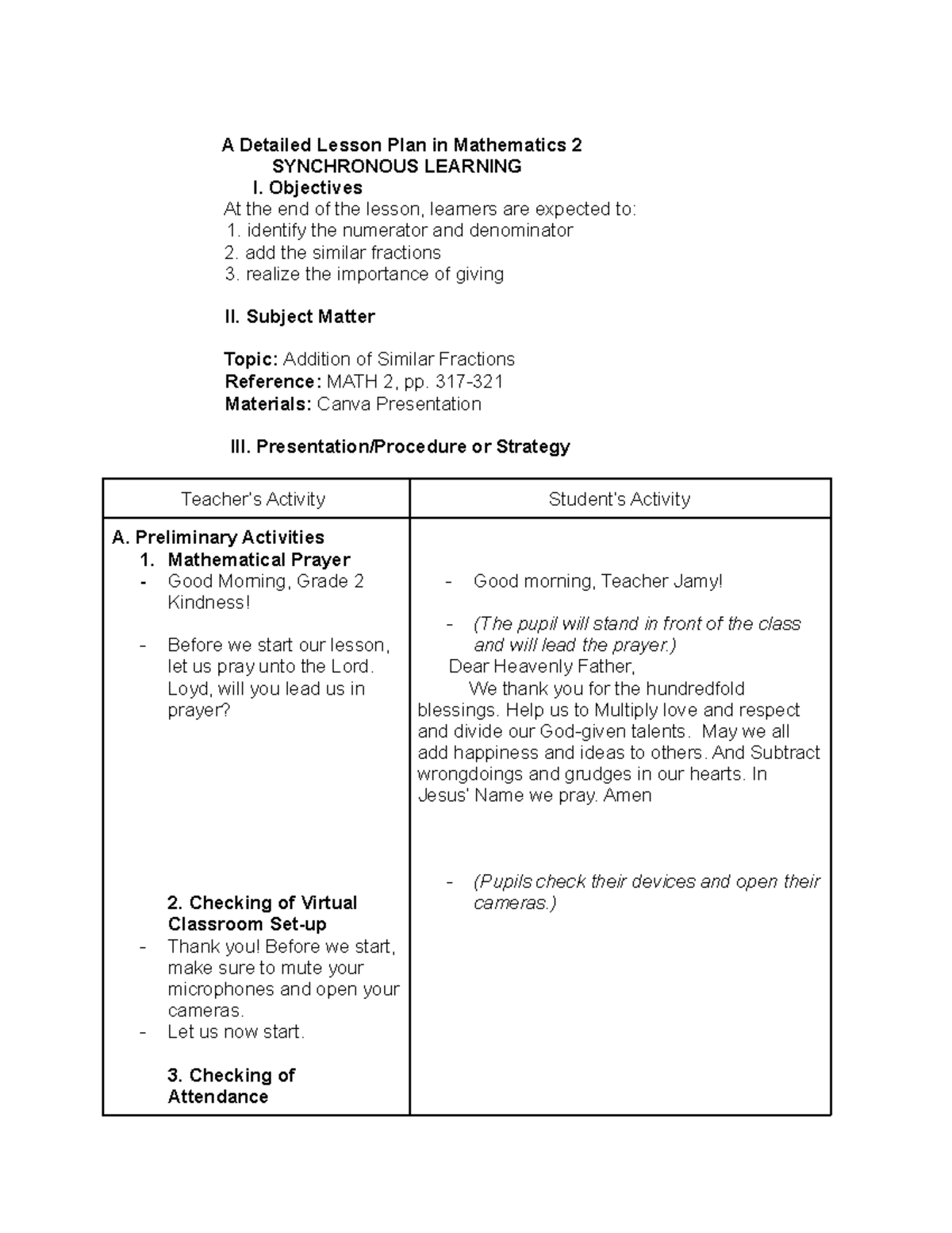 Addition of Similar Fractions 2 - A Detailed Lesson Plan in Mathematics 2 SYNCHRONOUS LEARNING I ...