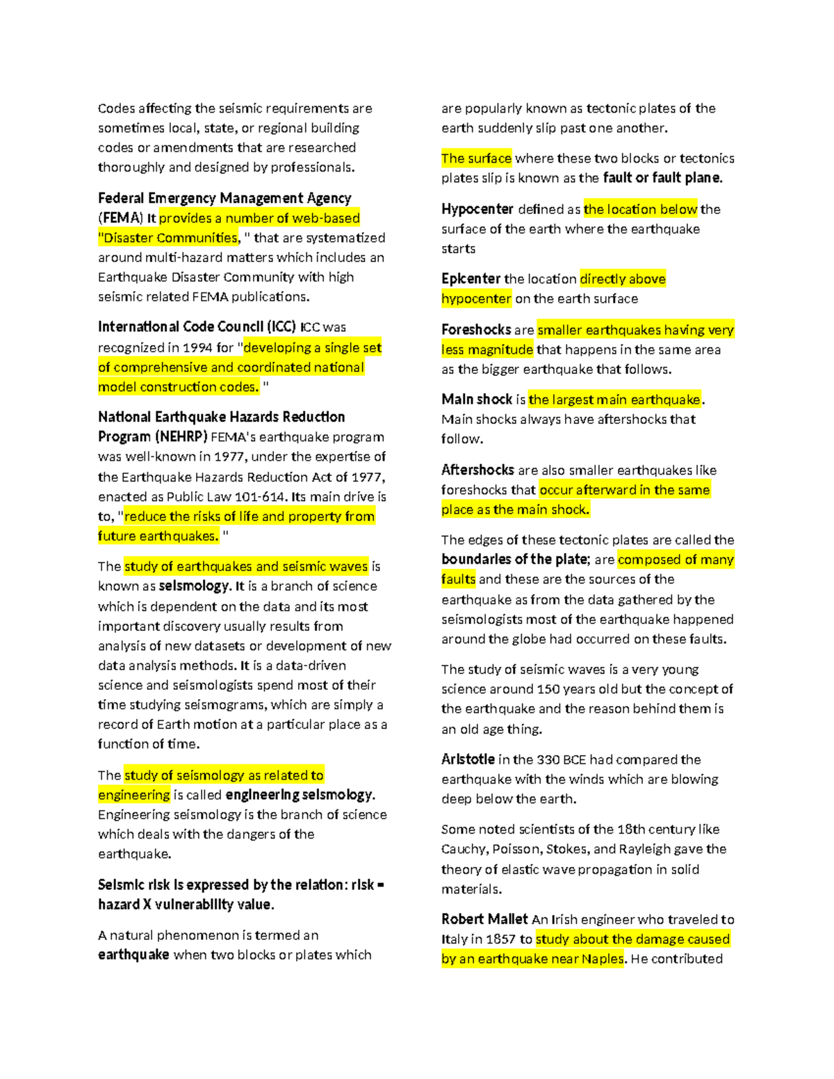 Earthquake Engineering - Codes affecting the seismic requirements are ...