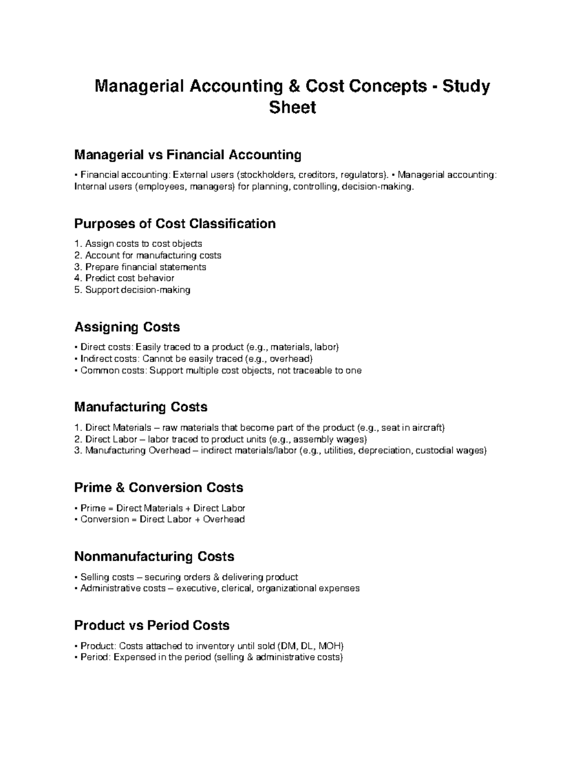Managerial Accounting Cost Concepts Study Sheet (ACCT 301) - Studocu