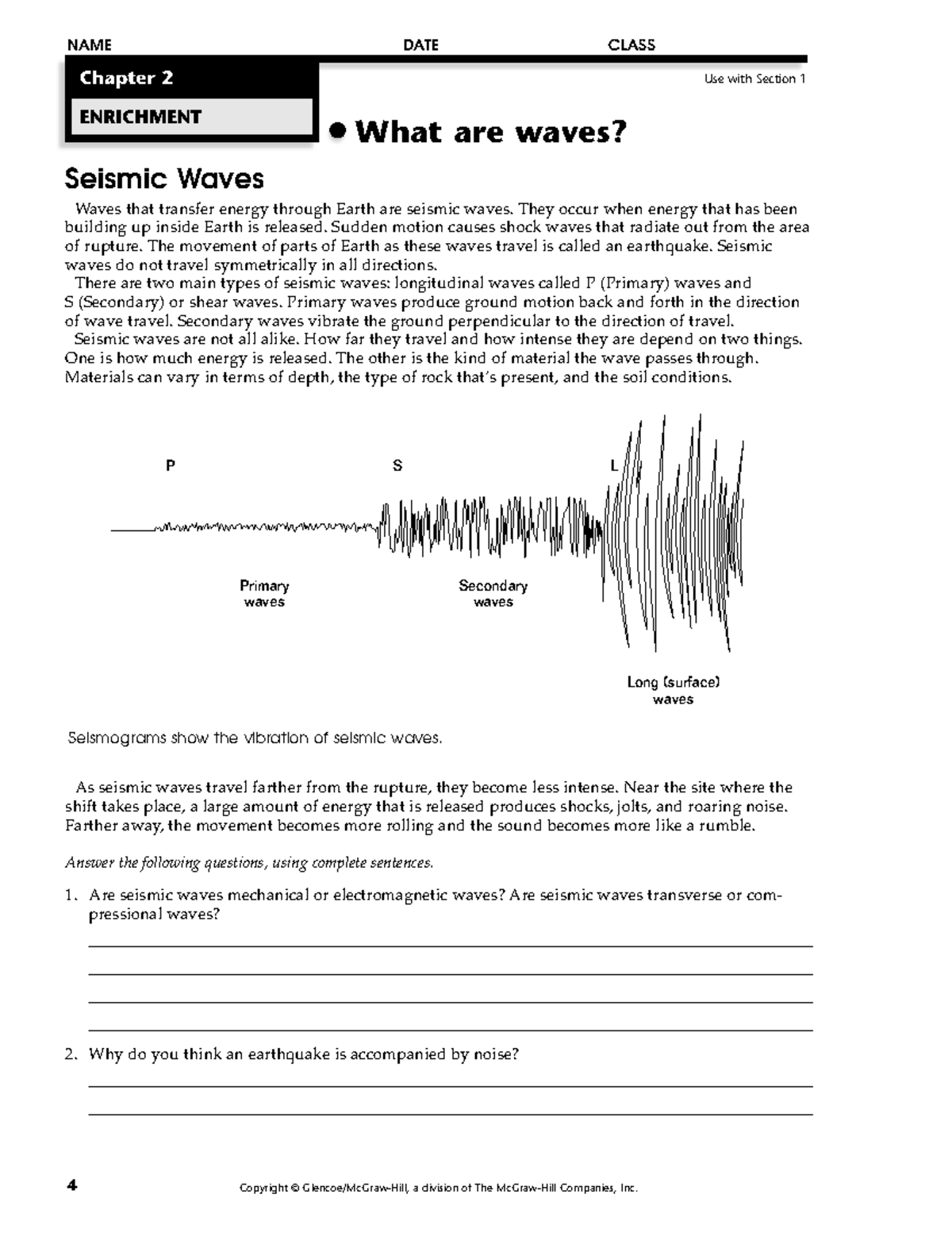 Seismic Waves Worksheet for Chapter 2 Enrichment Activities - Studocu