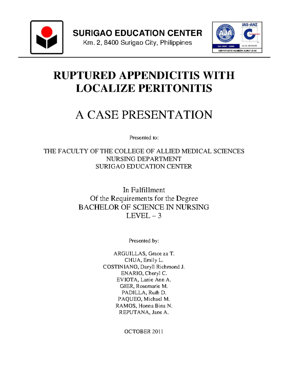 Case Study: Ruptured Appendicitis with Localized Peritonitis (NURS ...
