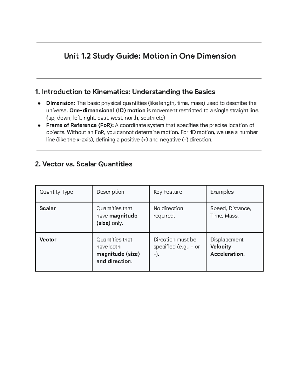 Unit 1.2 Study Guide: Kinematics in One Dimension Concepts - Studocu