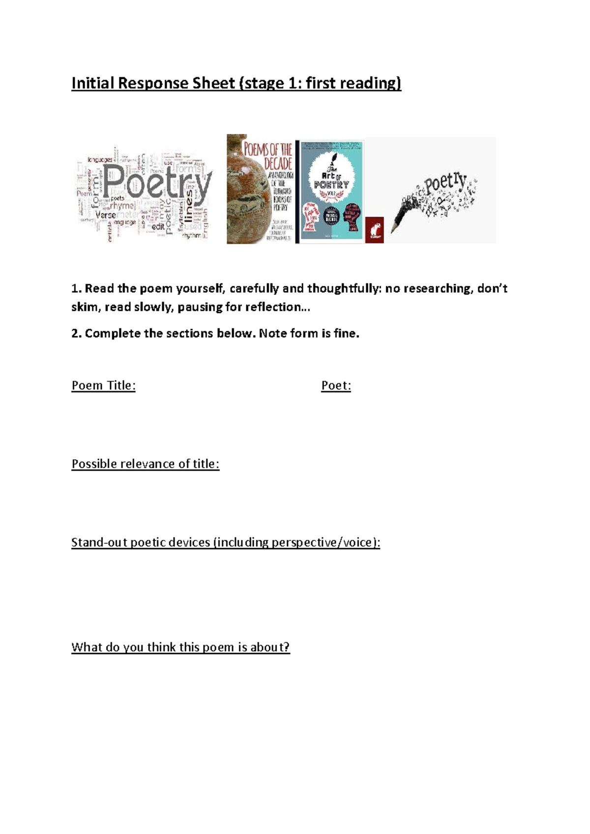 Initial response sheet for poetry analysis (stage 1) - Studocu