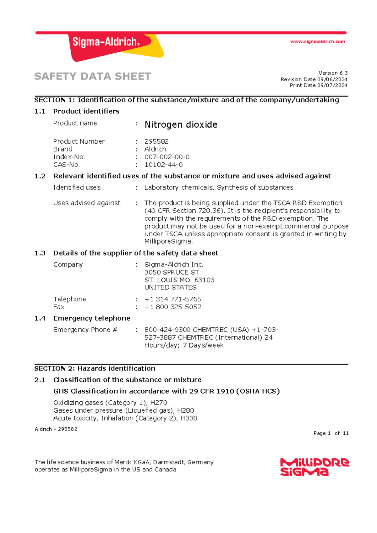 Safety Data Sheet for Nitrogen Dioxide (Aldrich 295582) - Version 6.3 ...