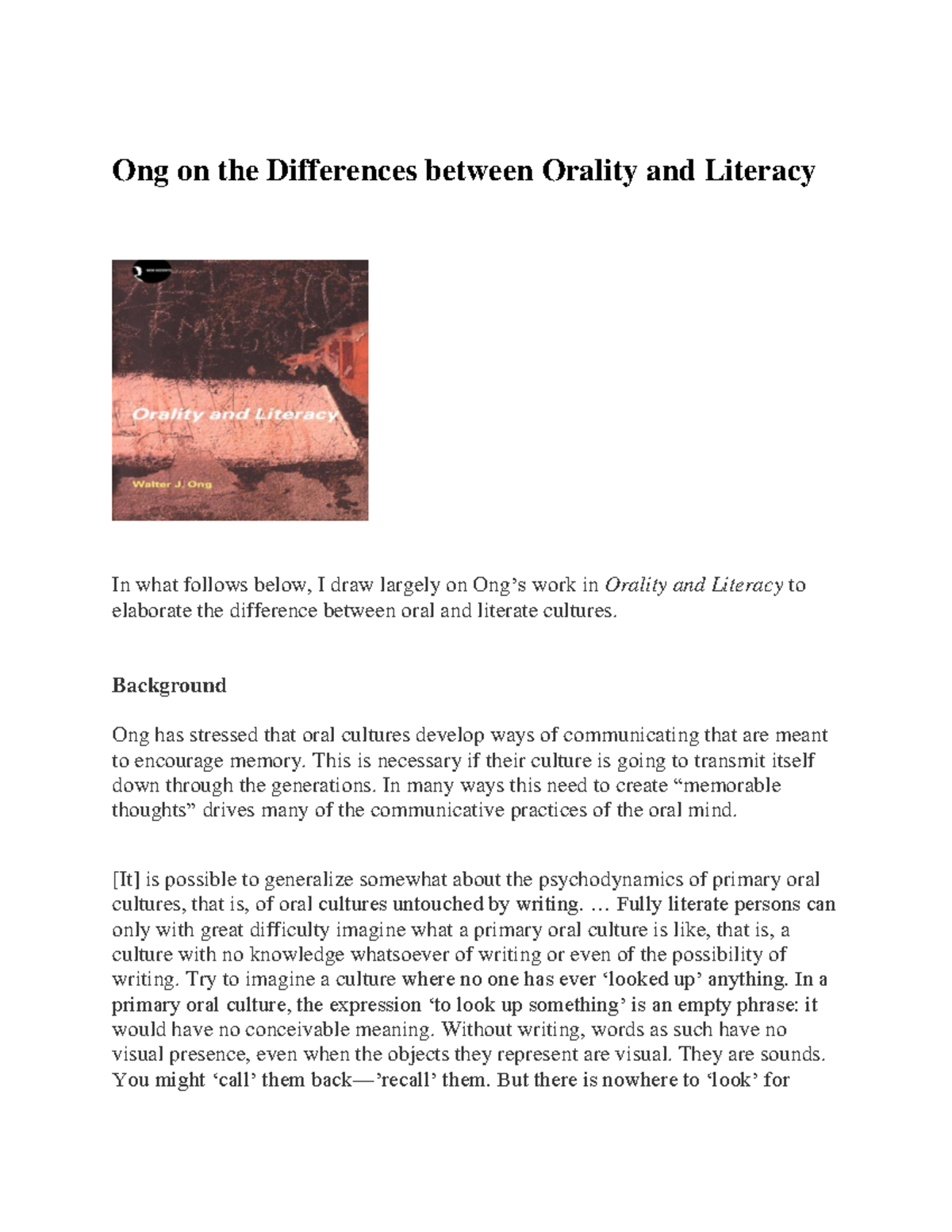 Ong's Analysis of Orality vs. Literacy: Key Differences Explained - Studocu