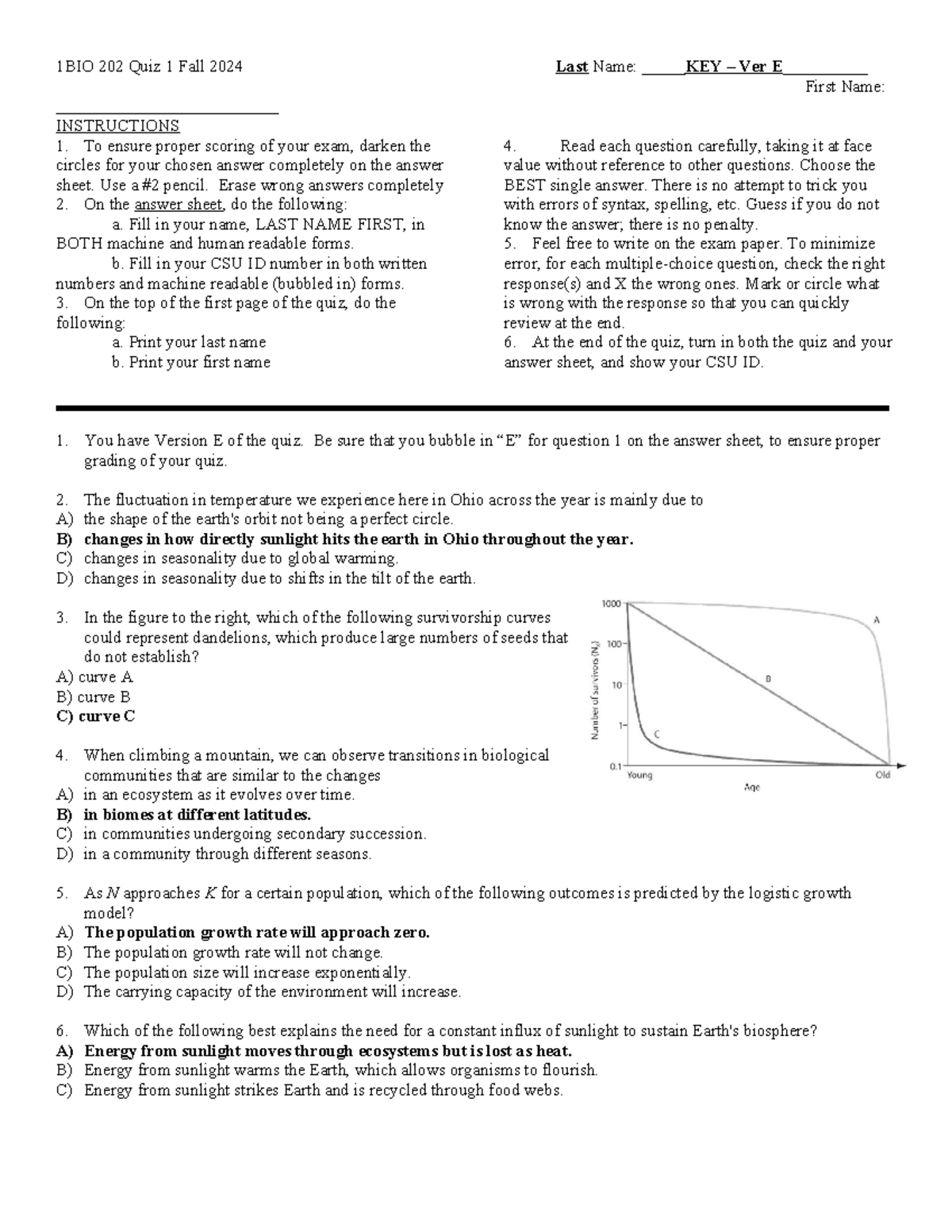 BIO 202 Quiz 1 Fall 2024 Version E Instructions and Key - Studocu