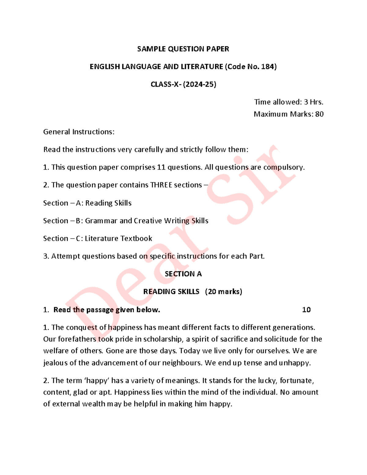 SAMPLE QUESTION PAPER: ENGLISH LANGUAGE & LITERATURE (Code No. 184 ...