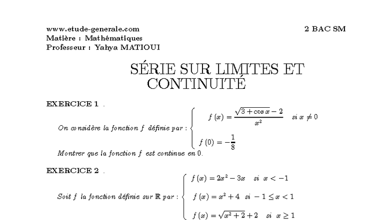 Série 2 BAC SM : Limites et Continuité - Exercices et Solutions - Studocu