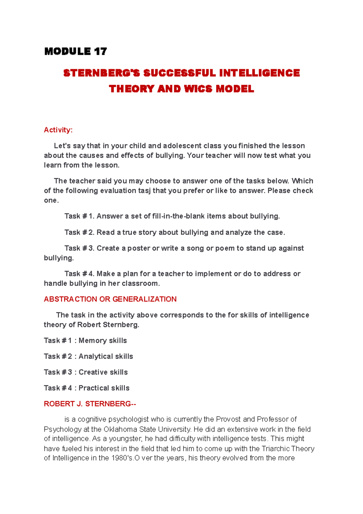 394933881 Module 17 1 - MODULE 17 STERNBERG'S SUCCESSFUL INTELLIGENCE ...
