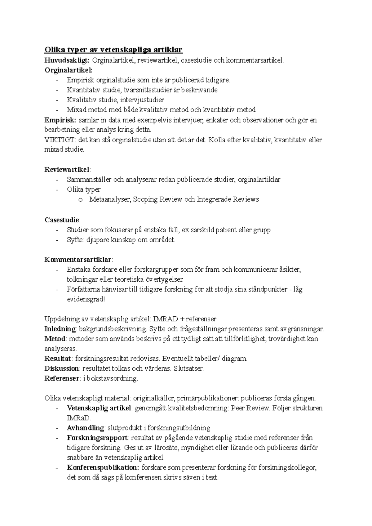 Olika typer av vetenskapliga artiklar: Original, Review, Case Study ...