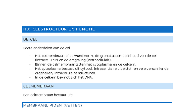 H3: Celstructuur en Functie - Grote Onderdelen van de Cel - Studocu