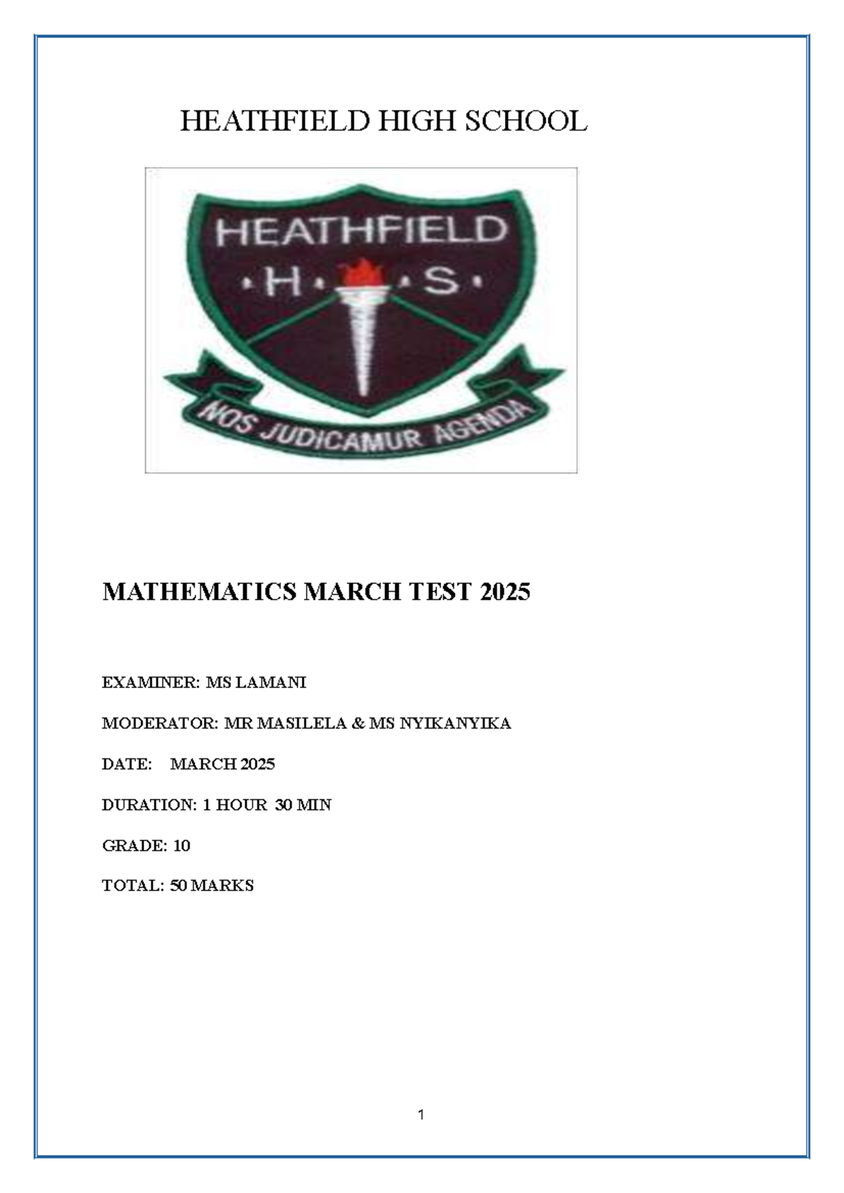 HEATHFIELD HIGH SCHOOL GRADE 10 MATH MARCH TEST 2025 - Studocu