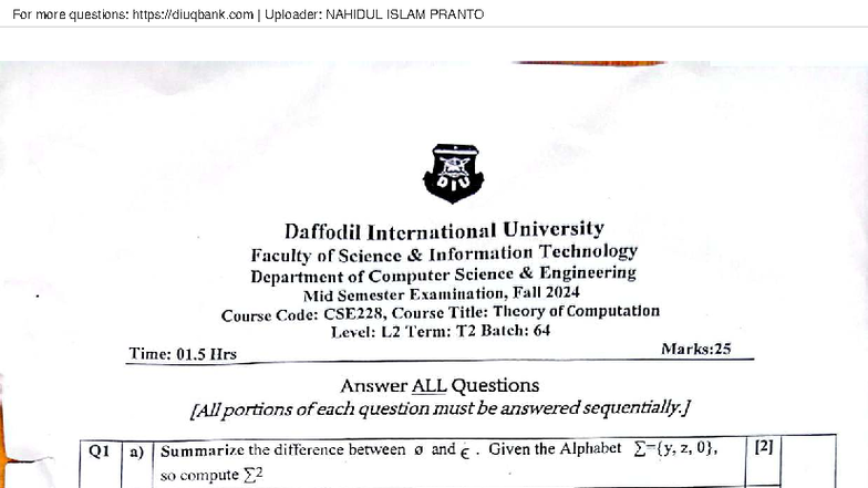 Theory of Computation Mid Semester Exam (CSE228) - Fall 2024 - Studocu